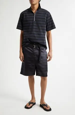 Sacai Belted Horizontal Stripe Mixed Media Shorts