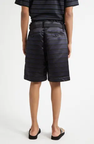 Sacai Belted Horizontal Stripe Mixed Media Shorts