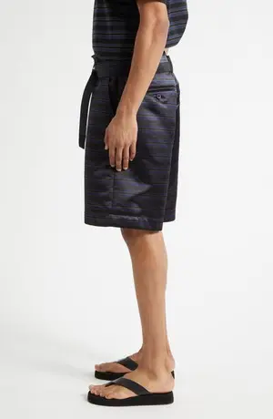 Sacai Belted Horizontal Stripe Mixed Media Shorts