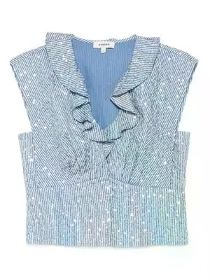Sandro Ruffled Striped Sequin-embroidered Crop Top