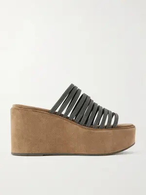 Brunello Cucinelli Embellished Suede Platform Mules