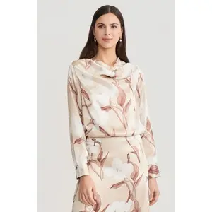 Misook Draped Neck Floral Print Silk Blouse