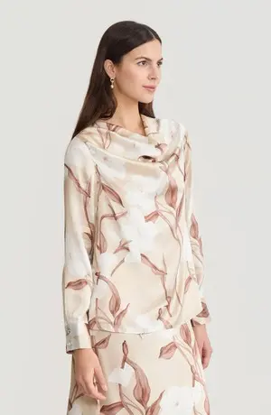 Misook Draped Neck Floral Print Silk Blouse