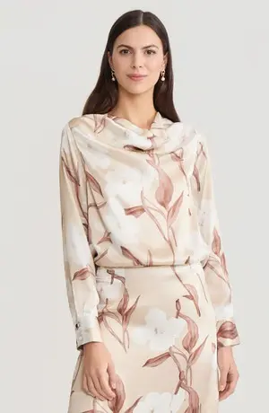 Misook Draped Neck Floral Print Silk Blouse
