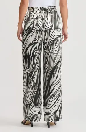 Misook Marble Print Wide Leg Silk Pant