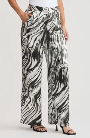 Misook Marble Print Wide Leg Silk Pant