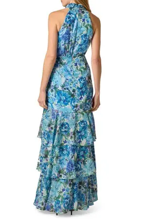 Adrianna Papell Metallic Floral Tiered Chiffon Gown