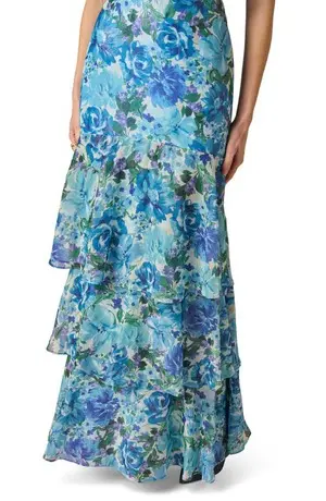 Adrianna Papell Metallic Floral Tiered Chiffon Gown