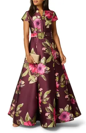 Adrianna Papell Floral Belted Mikado Gown - Wine Multi