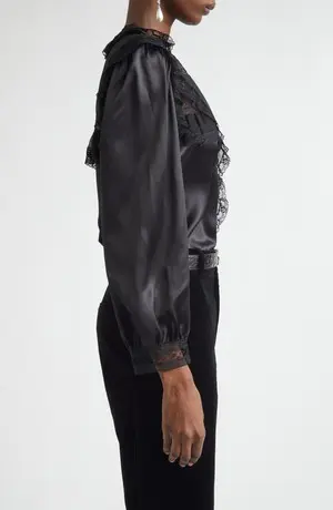Saint Laurent Lace Trim Silk Charmeuse Top
