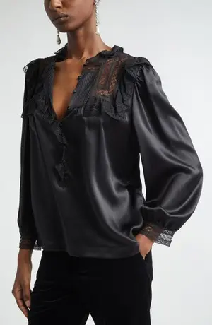Saint Laurent Lace Trim Silk Charmeuse Top