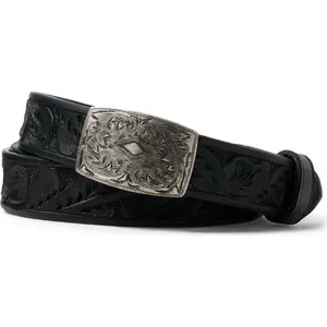 Double Rl Coleman Tooled Leather Belt - Black