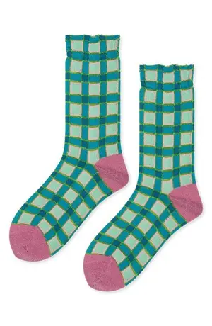Hansel From Basel Esther Metallic Plaid Crew Socks