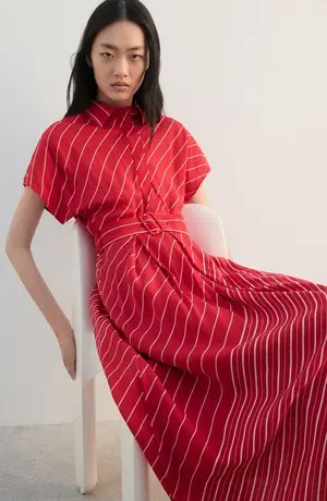Mango Stripe Belted Midi Shirt Dress