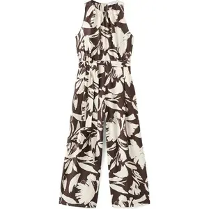 Mango Wide Leg Floral Print Cropped Jumpsuit - Chocolate