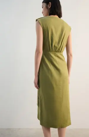 Mango Linen Blend Midi Dress - Olive Green