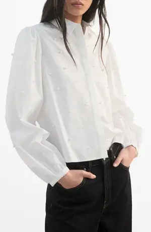 Mango Pearl Detail Puff Sleeve Shirt