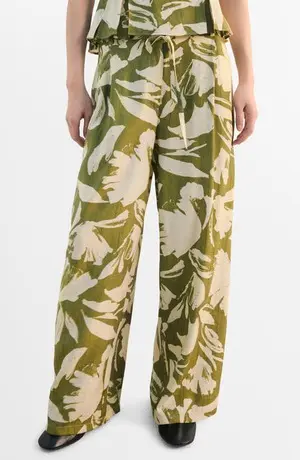 Mango Floral Belted Straight-leg Pants - Green