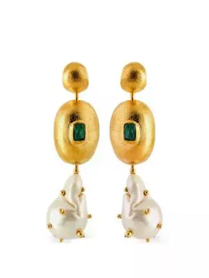 FENOMENA Emerald And Pearl Drop Earrings - Gold