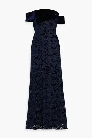 Badgley Mischka Velvet-paneled Guipure Lace Gown