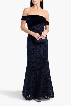 Badgley Mischka Velvet-paneled Guipure Lace Gown
