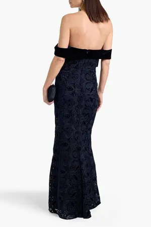 Badgley Mischka Velvet-paneled Guipure Lace Gown