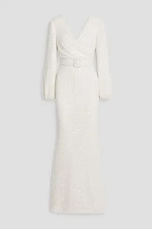 Badgley Mischka Wrap-effect Sequin-embellished Bouclé Gown