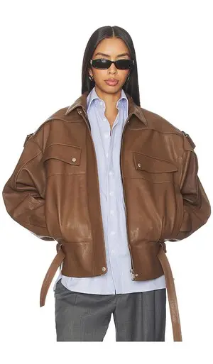 Magda Butrym Belted Leather Bomber Jacket - Beige
