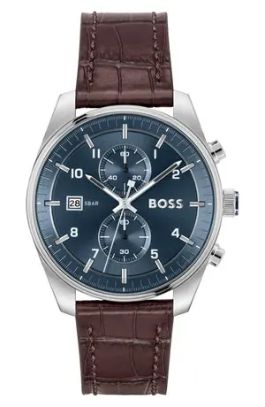 BOSS Chronograph Croc-embossed Leather Strap Watch - Blue