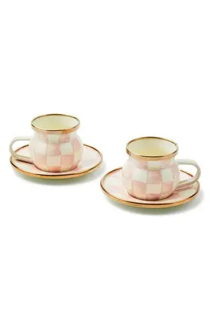 MACKENZIE-CHILDS Check® Set Of 2 Espresso Cups & Saucers - Rosy