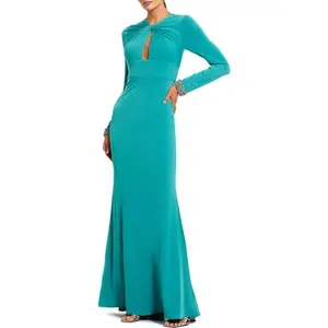 Mac Duggal Jersey Long Sleeve Twist Neck Evening Gown - Teal