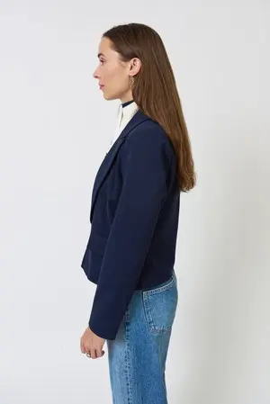 Central Park West Tailored Blazer With Notched Lapel Neckline - Navy