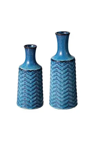 GLITZHOME Set Of 2 Modern Chevron Ceramic Table Vases - Blue