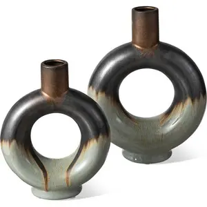 GLITZHOME Set Of 2 Modern Circle Hollow Ceramic Table Vases - Grey