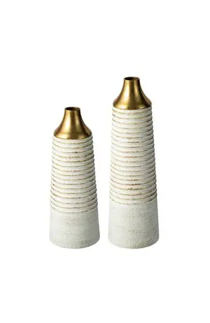 GLITZHOME Set Of 2 Modern & Gold Stripes Metal Decorative Vases - White