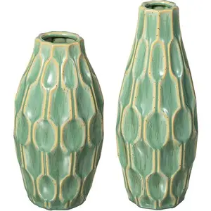 GLITZHOME Set Of 2 Modern Geometric Ceramic Table Vases - Green