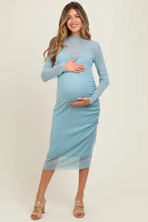 PINKBLUSH Shimmer Mesh Long Sleeve Ruched Midi Maternity Dress Light Blue