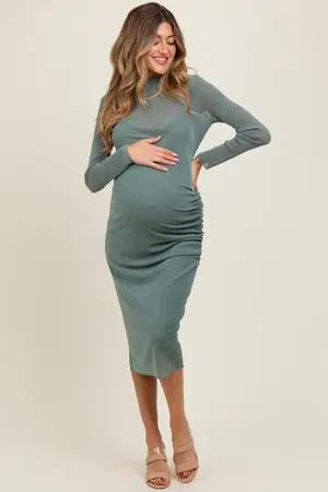 PINKBLUSH Shimmer Mesh Long Sleeve Ruched Midi Maternity Dress - Light Olive