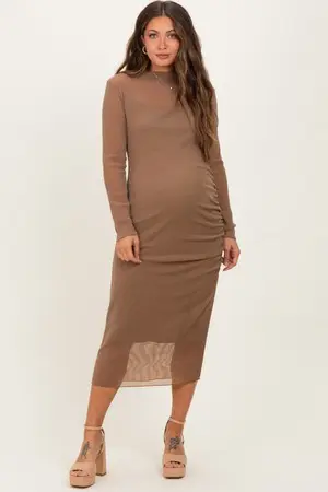 PINKBLUSH Shimmer Mesh Long Sleeve Ruched Midi Maternity Dress Mocha