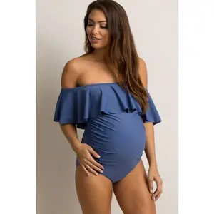 PINKBLUSH Ruffle Trim Ruched One-piece Maternity Swimsuit - Periwinkle