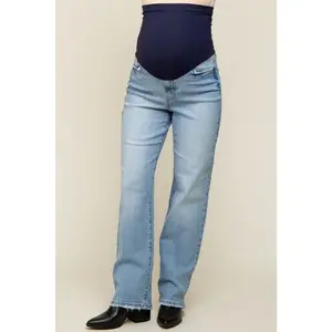 PINKBLUSH Straight Leg Distressed Hem Maternity Jeans Light Blue