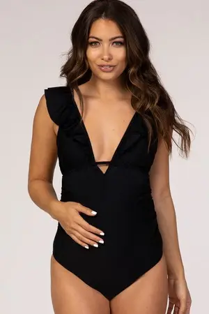 PINKBLUSH Ruffle Tie Maternity One-piece Swimsuit - Black
