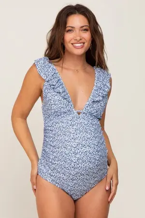PINKBLUSH Ruffle Tie Maternity One-piece Swimsuit - Blue