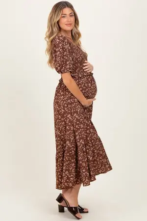 PINKBLUSH Floral Smocked Maternity Midi Dress