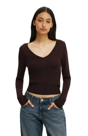COTTON ON Long Sleeve Ribbed V-neck Pullover - Dark Oak