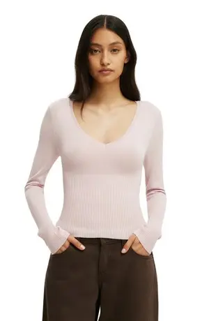 COTTON ON Long Sleeve Ribbed V-neck Pullover - Pink