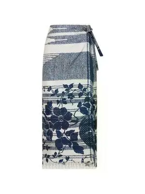 PIERRE-LOUIS MASCIA Aloe Fringed Floral Wrap Midi Skirt - Blue