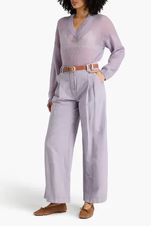 Brunello Cucinelli Pleated Cotton And Linen-blend Twill Wide-leg Pants - Lilac