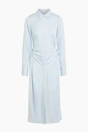 Veronica Beard Lex Ruched Striped Silk-blend Midi Shirt Dress