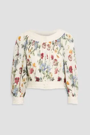 Alice + Olivia Floral-print Cotton-gauze Top With Lace Trims
